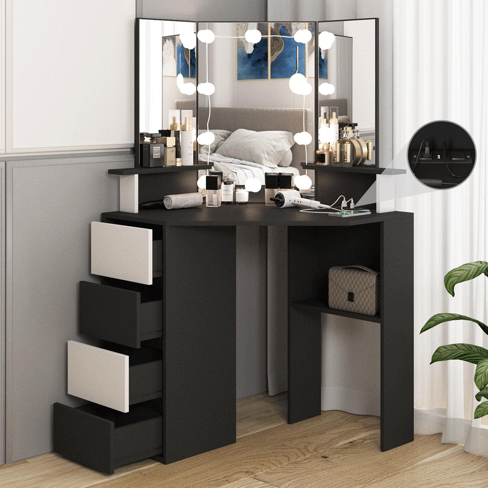 Amazon.com: zoyo Corner Makeup Vanity Desk with Mirror, 5 Sliding ...