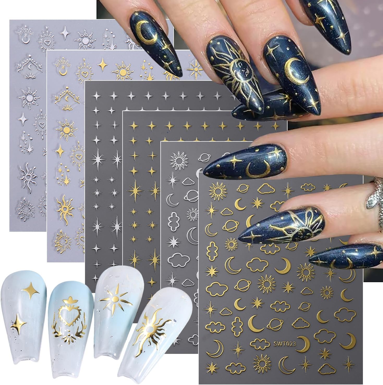 Amazon.com: 6 Sheets Star Nail Art Stickers 3D Self-Adhesive Gold ...