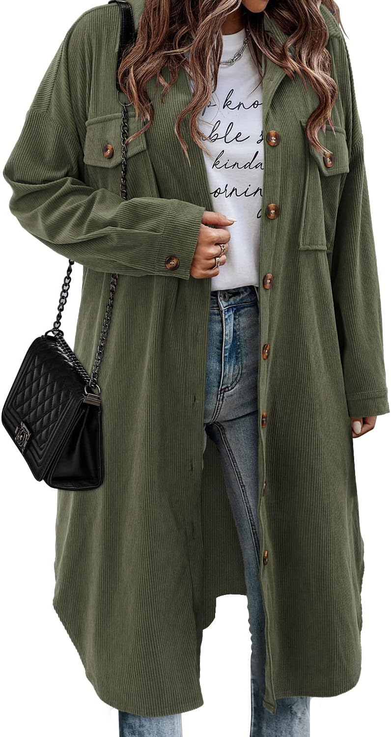 CHICZONE Womens Plaid Shacket Jacket Long Corduroy Shirt Casual Lapel ...