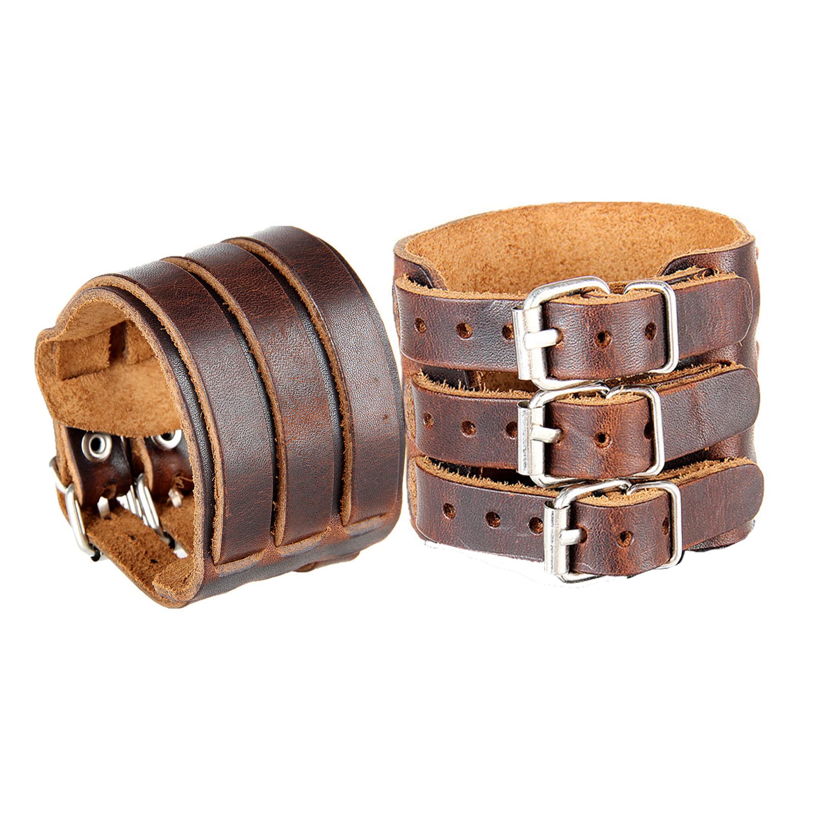 JUNRUCTH 2PCS Genuine Leather Wristband Bracelet for Mens Women Triple ...