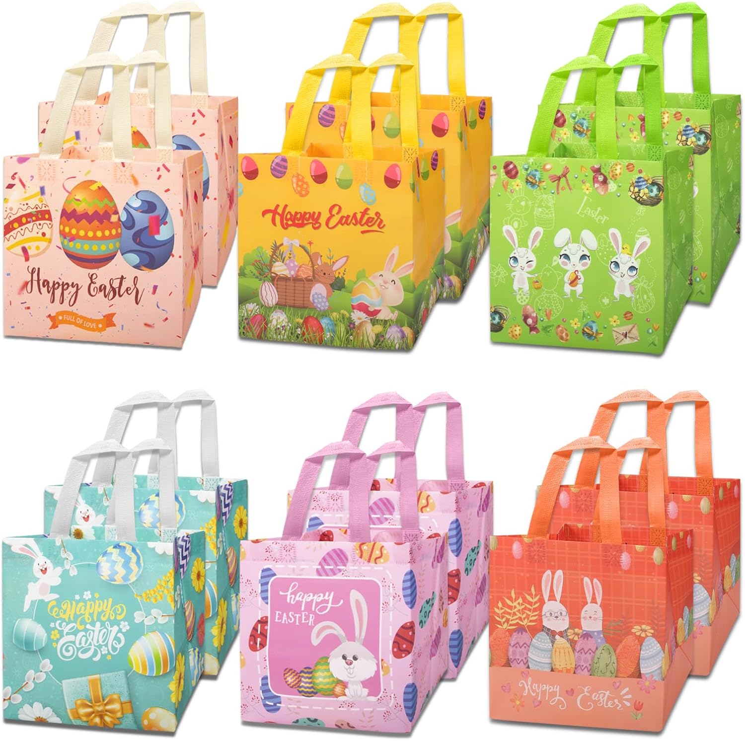 WENGX 12 Packs Easter Reusable Gift Bags,Easter Bunny Egg Tote Bags ...