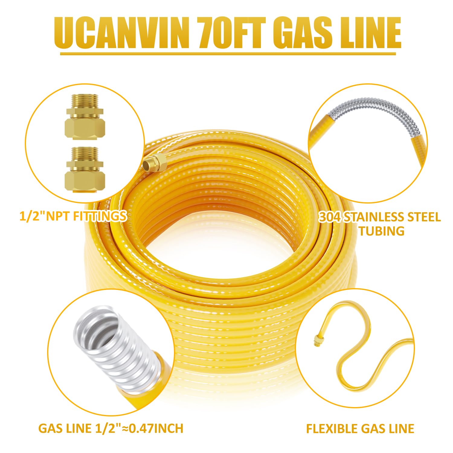 Natural Gas Line,70ft 1/2'' Propane Gas Line Hose with Brass Nut ...
