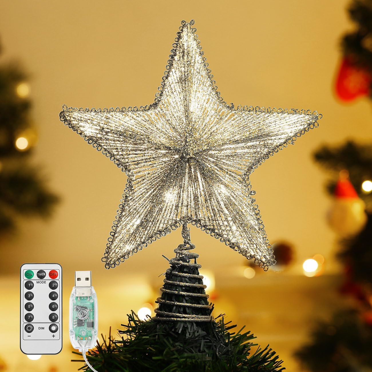 Amazon.com: Lewondr Christmas Star Tree Topper, USB Powered Remote 6H ...