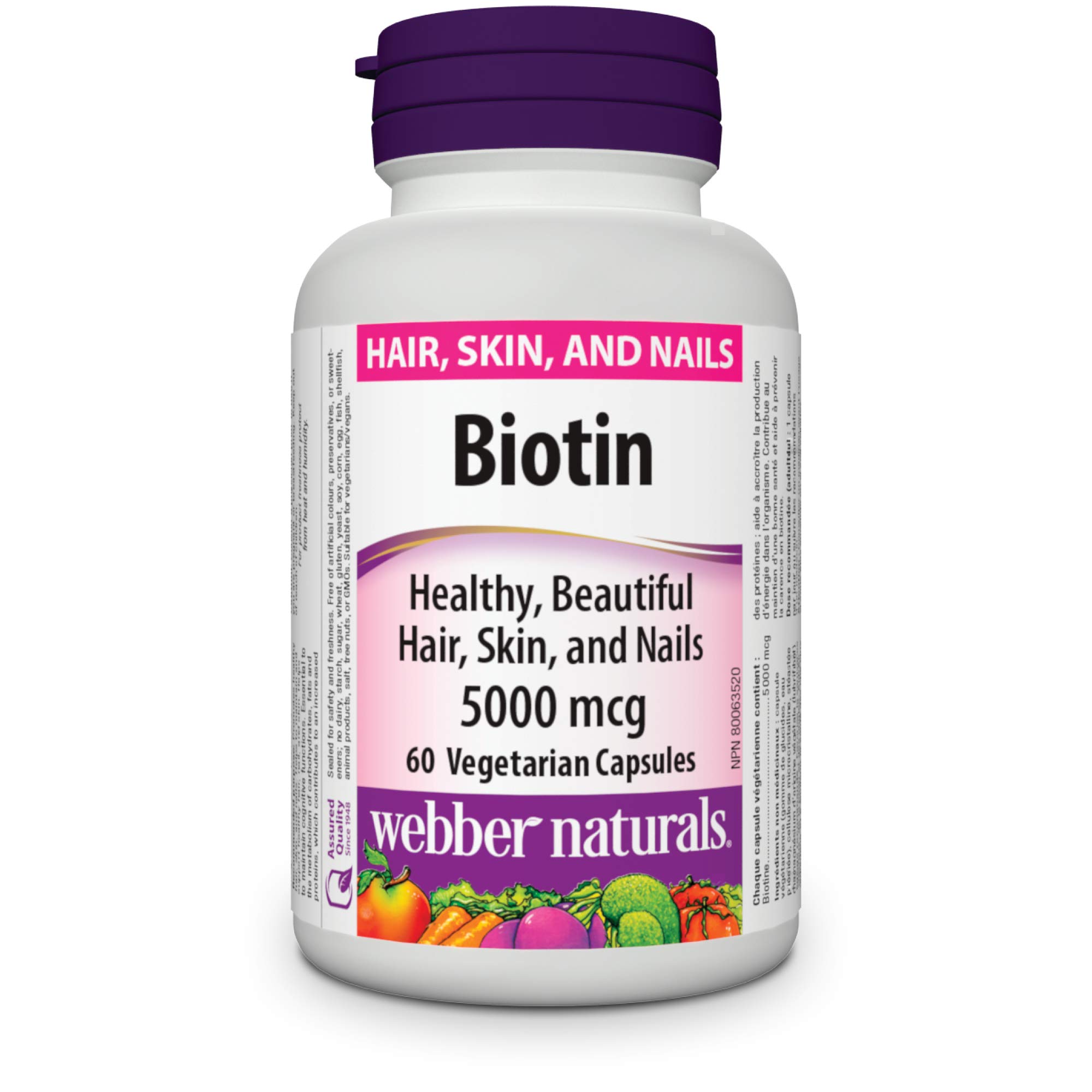 Webber Naturals Biotin 5000 mcg, 60 Vegetarian Capsules, Supports ...