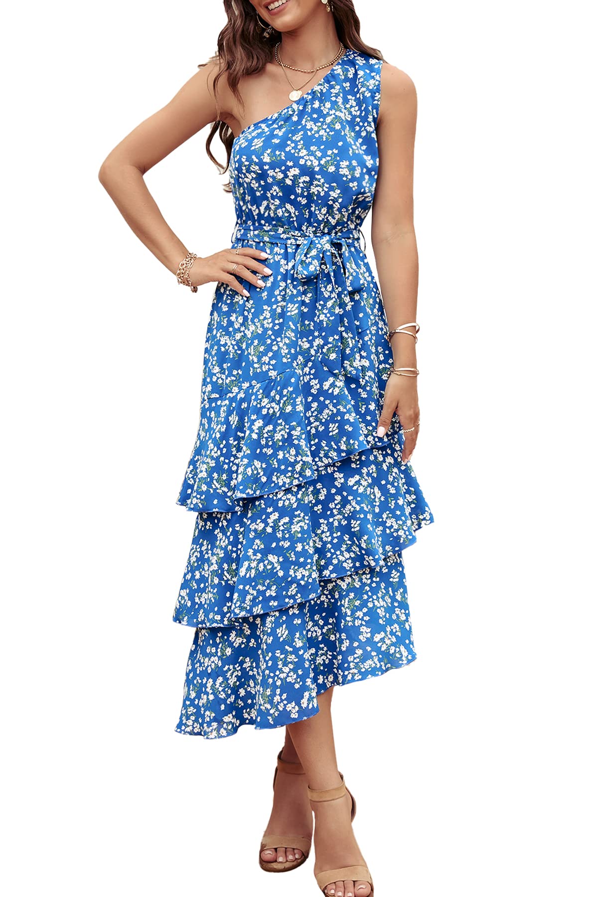 PRETTYGARDEN Women's Summer Floral Sundress Casual One Shoulder Tiered ...