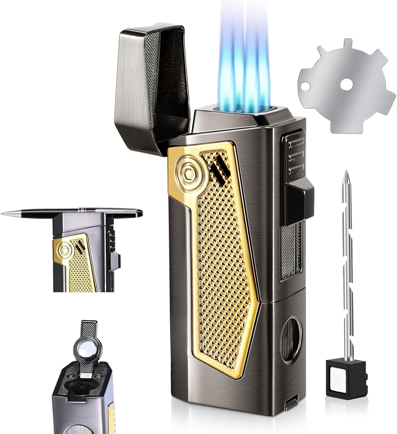 Amazon.com: Reetsing 4 Torch Jet Flame Lighter with Punch & Holder ...