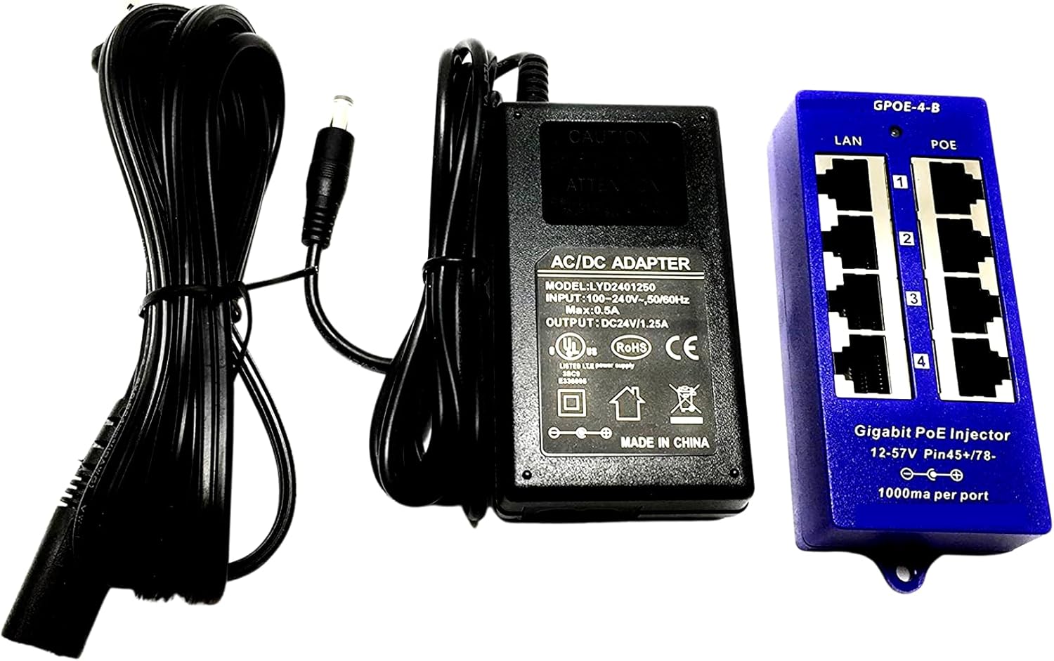 Gigabit PoE Injector 4 Port with 24V 60W Power Supply | GPOE-4B-24V60W ...