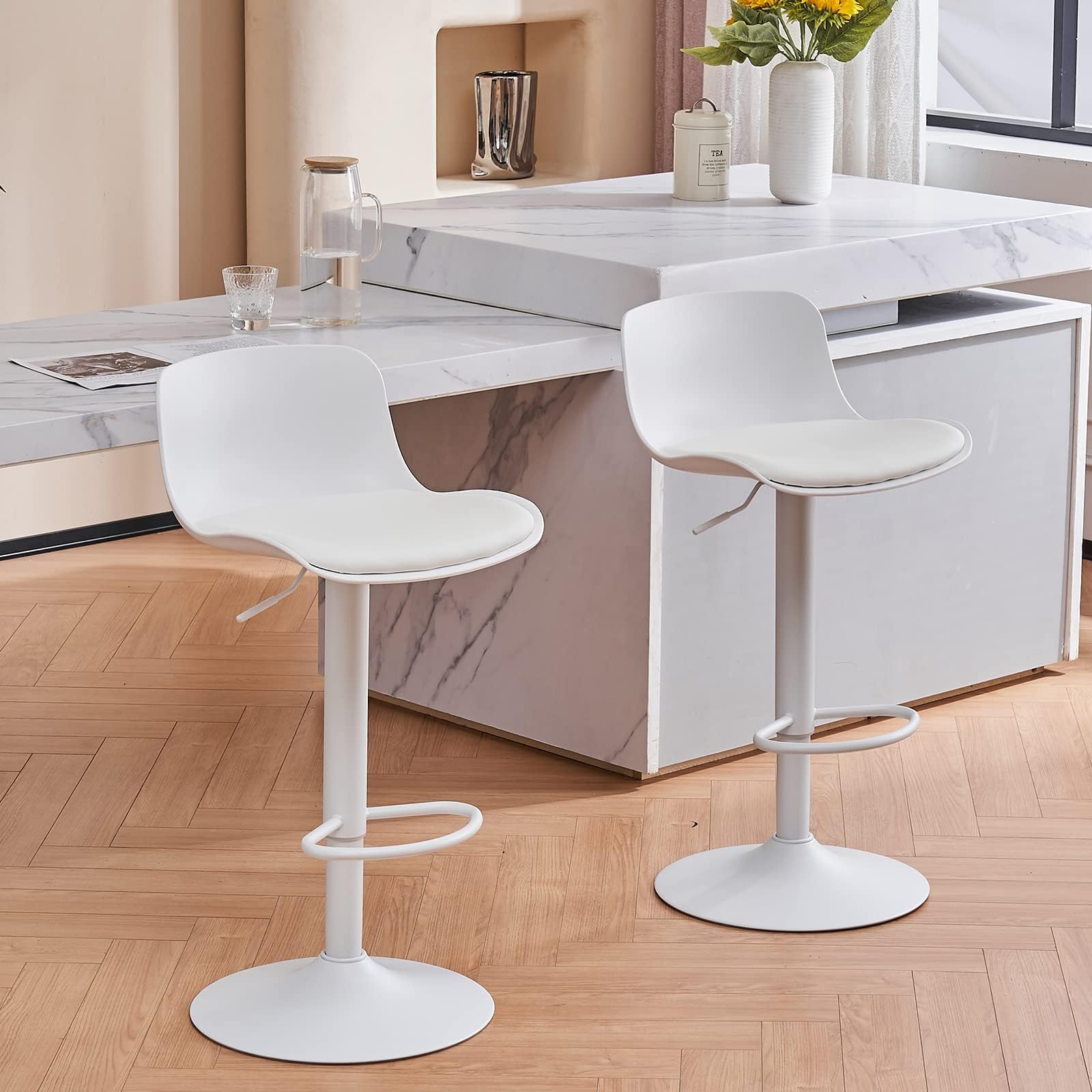 YOUNIKE White Bar Stools Set of 2 with Adjustable Height and 360 ...
