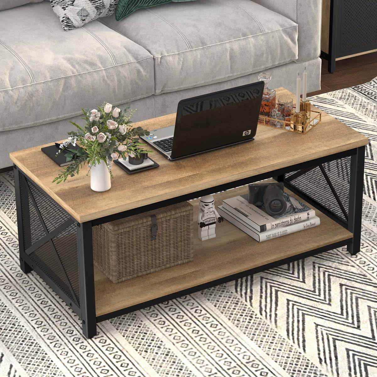 FATORRI Rustic Coffee Table for Living Room, Industrial Wood Center Tables with Shelf, Farmhouse ...