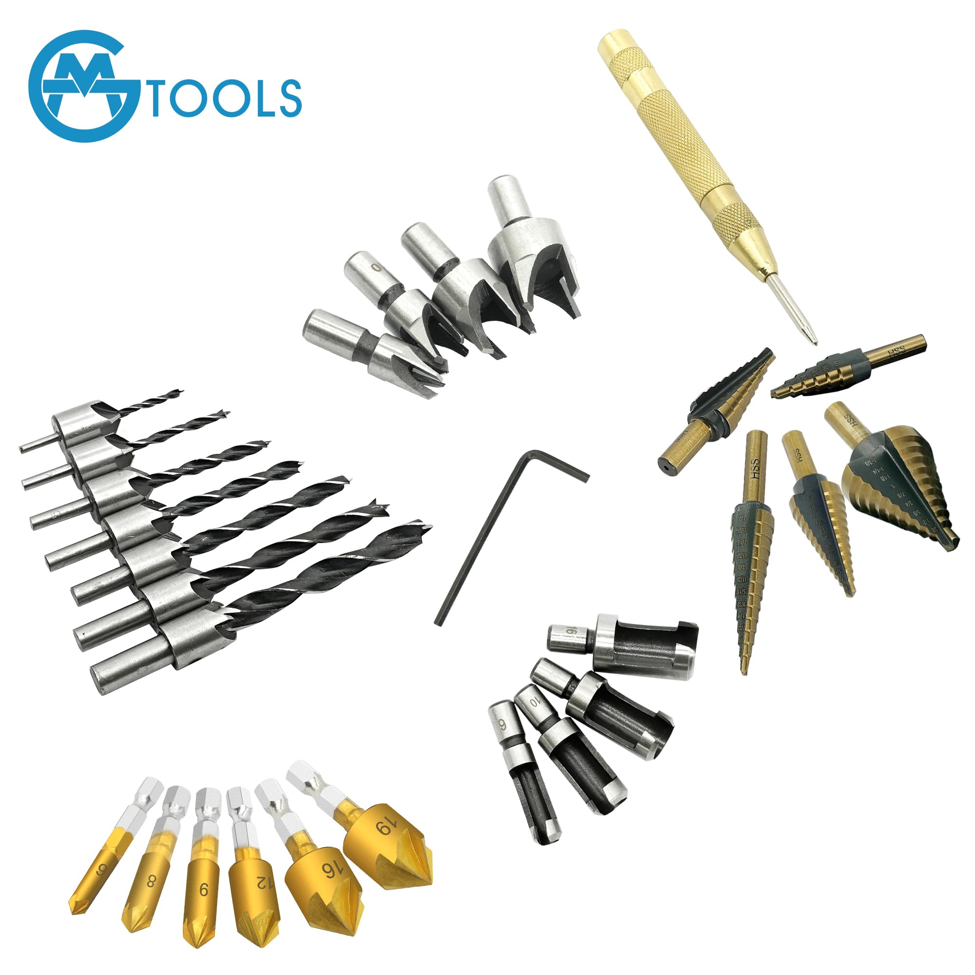 GMTOOLS 28Pcs Woodworking Chamfer Drilling Tools-Countersink Bit, Step ...