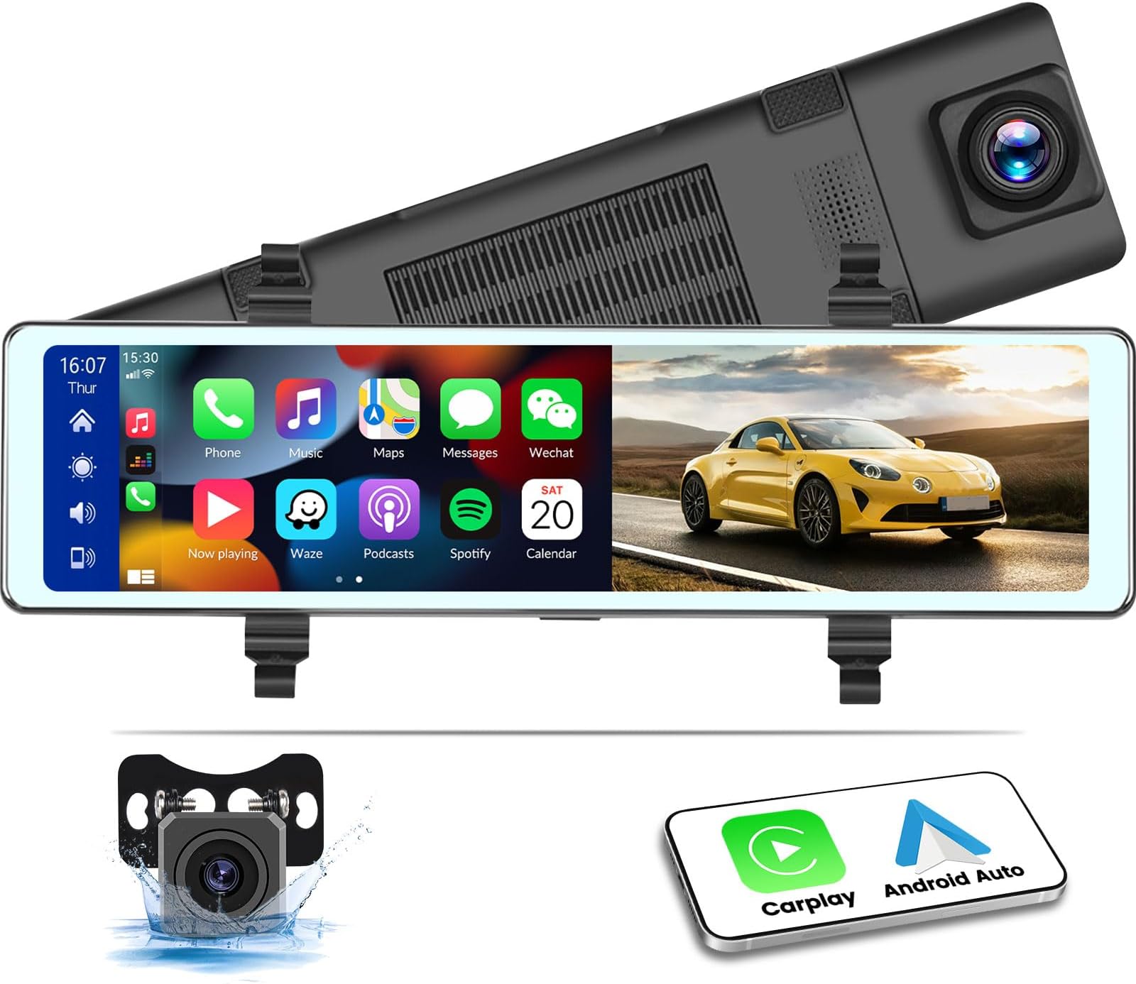Amazon.com: Car Mirror Dash Cam with Wireless Apple CarPlay Android ...