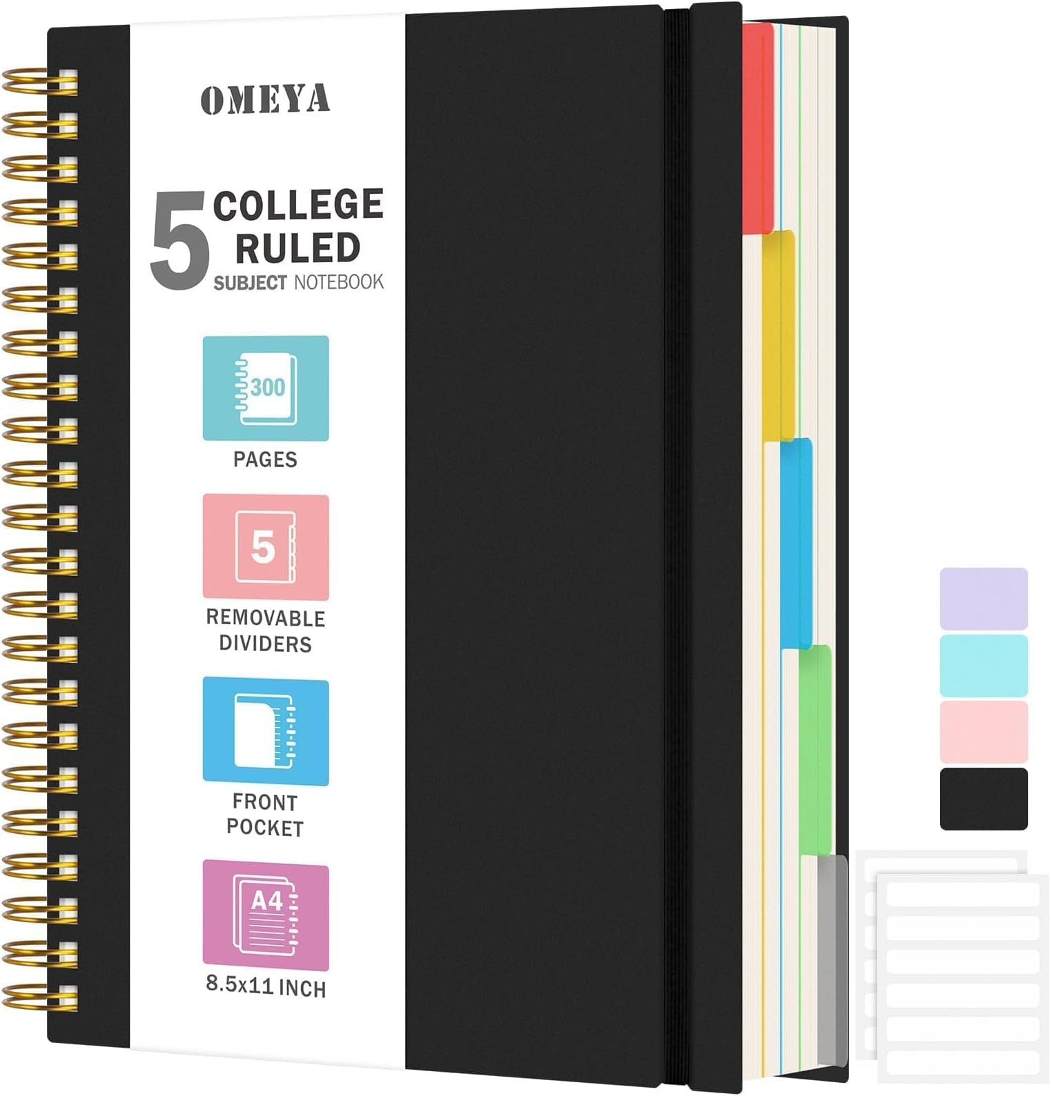 Spiral Notebook 8.5" x 11", 5 Subject Notebooks College Ruled with ...
