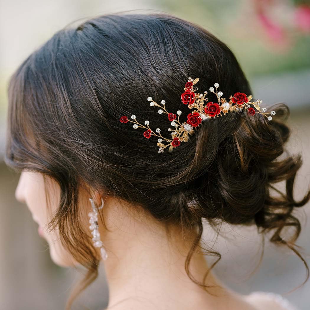 Amazon.com : Foyte Crystal Flower Wedding Hair Comb Red Rose Headpiece ...