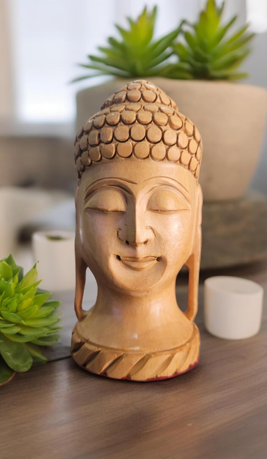Amazon.com: OKU 1 Handmade Meditation Wooden Buddha Head Statue | Long ...