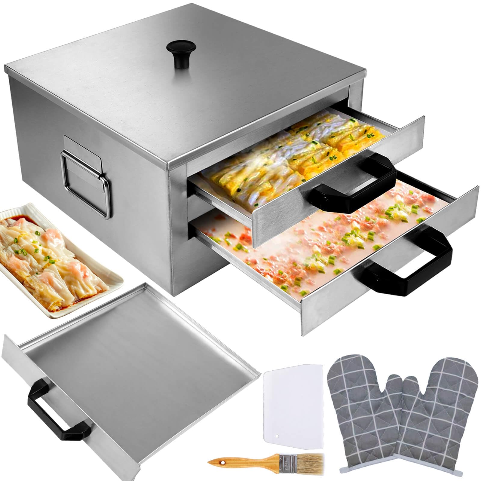 2-Layer Rice Noodle Roll Steamer, Stainless Steel Extra Steam Tray with ...