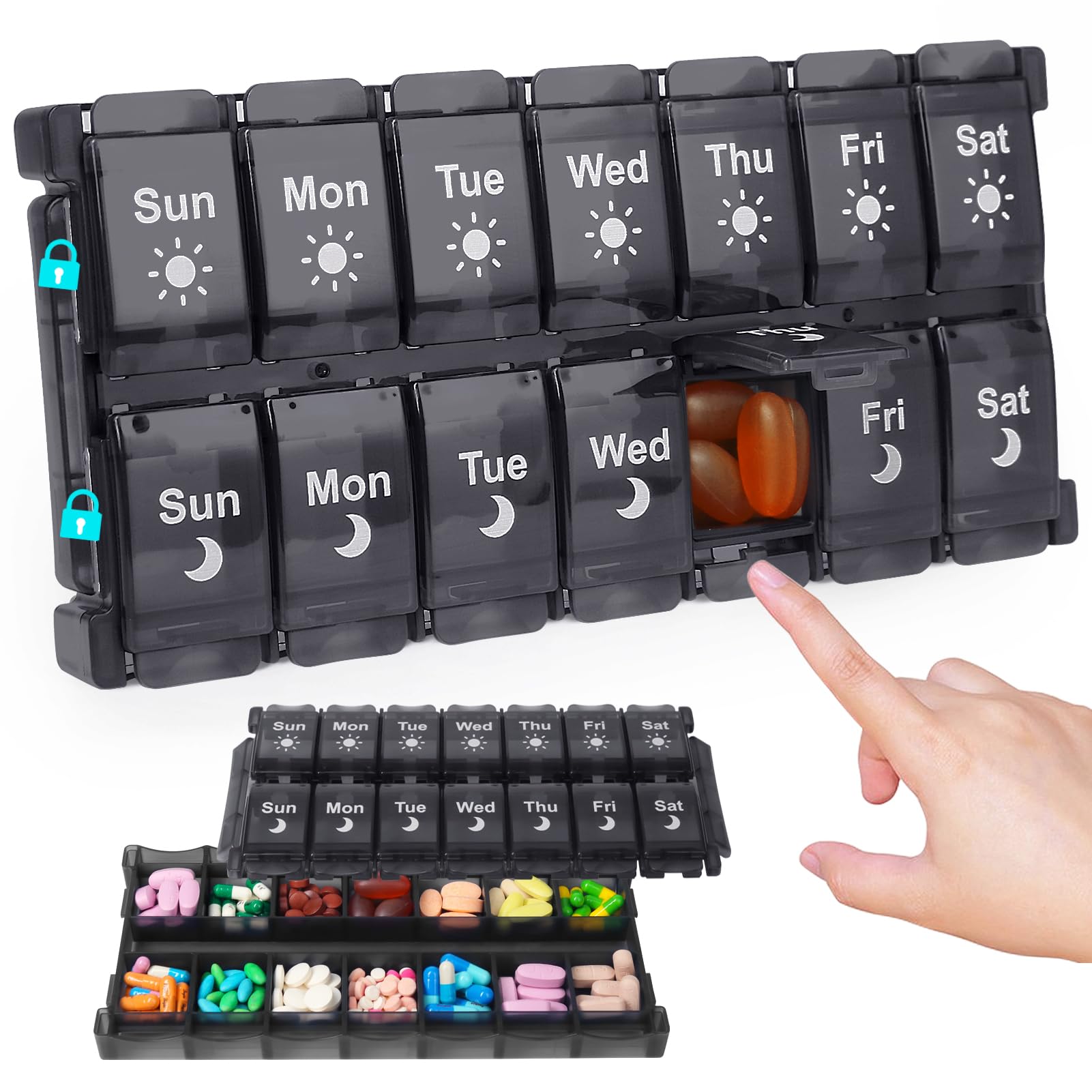 Pill Organiser 7 Day 2 Times, Easy Fill Push Button Large Weekly AM PM ...