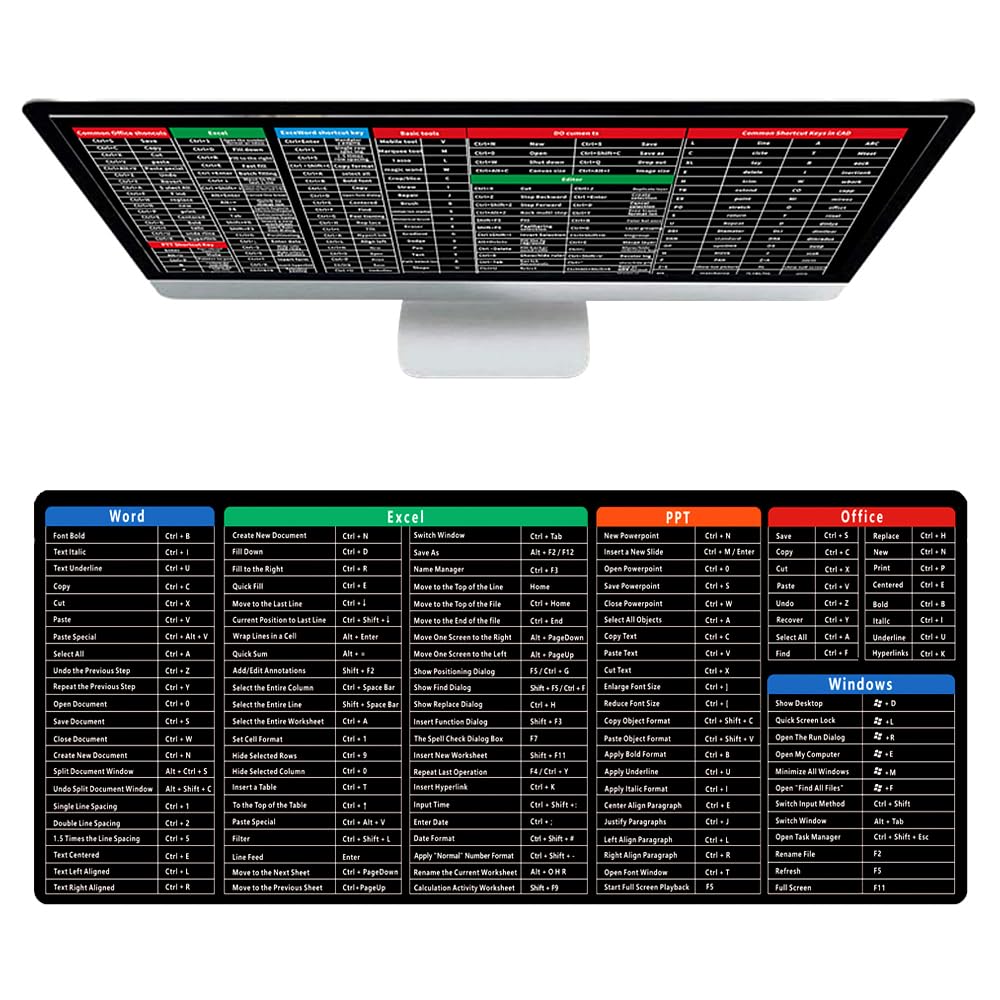 Dhqkqg Keyboard Excel Shortcuts Mouse Mat, 80x30cm Large Mouse Pad, Non ...