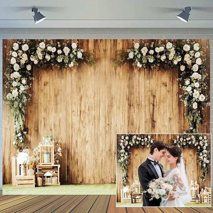 Amazon.com : 10x8ft Wedding Wood Wall Rustic Floral Backdrop Bride ...