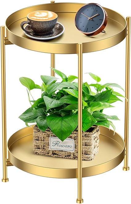 Amazon.com: Round Side Table 2-Tier Gold Sofa Table Small Tray Metal ...