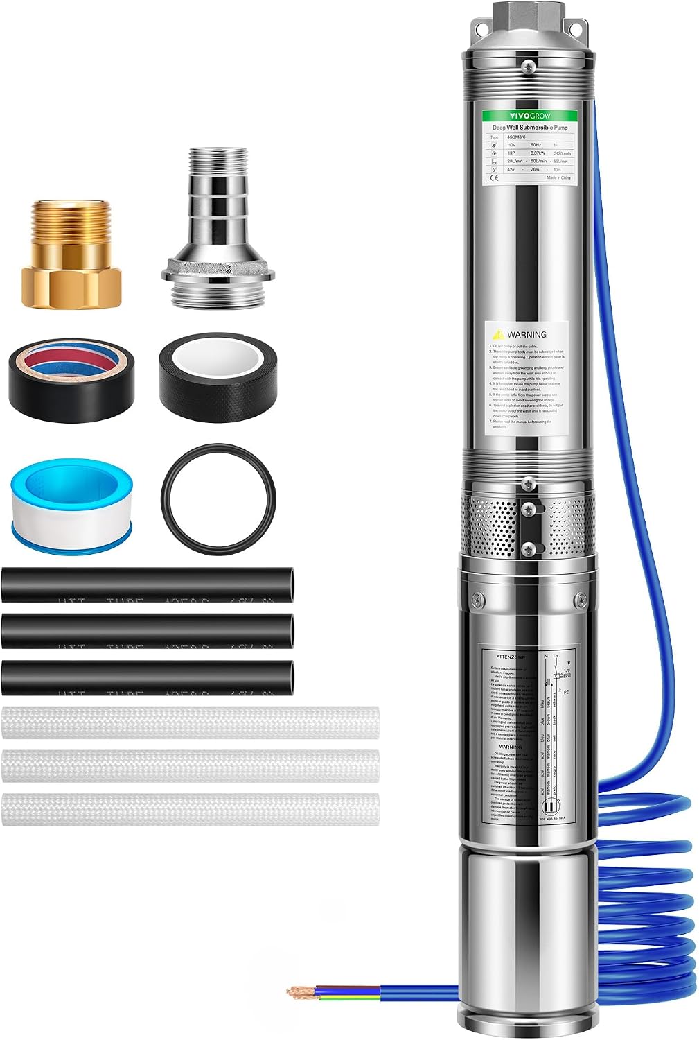 VIVOGROW Submersible Deep Well Pump, 2HP 230V/60Hz,37GPM, 380ft Head ...