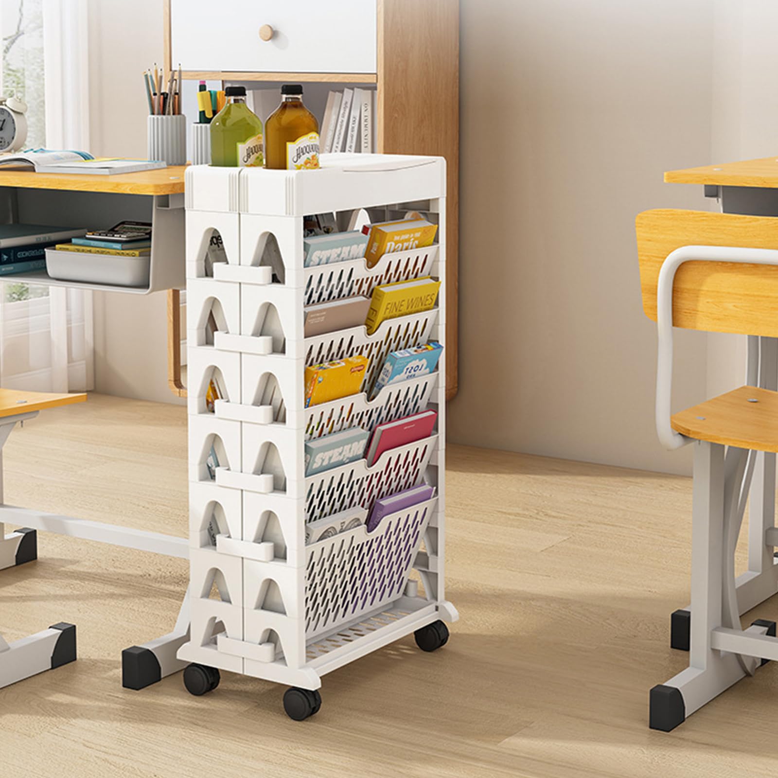 XQZMD Mobile Bookshelf with Wheels, 5 Tiers Multifunctional Space ...