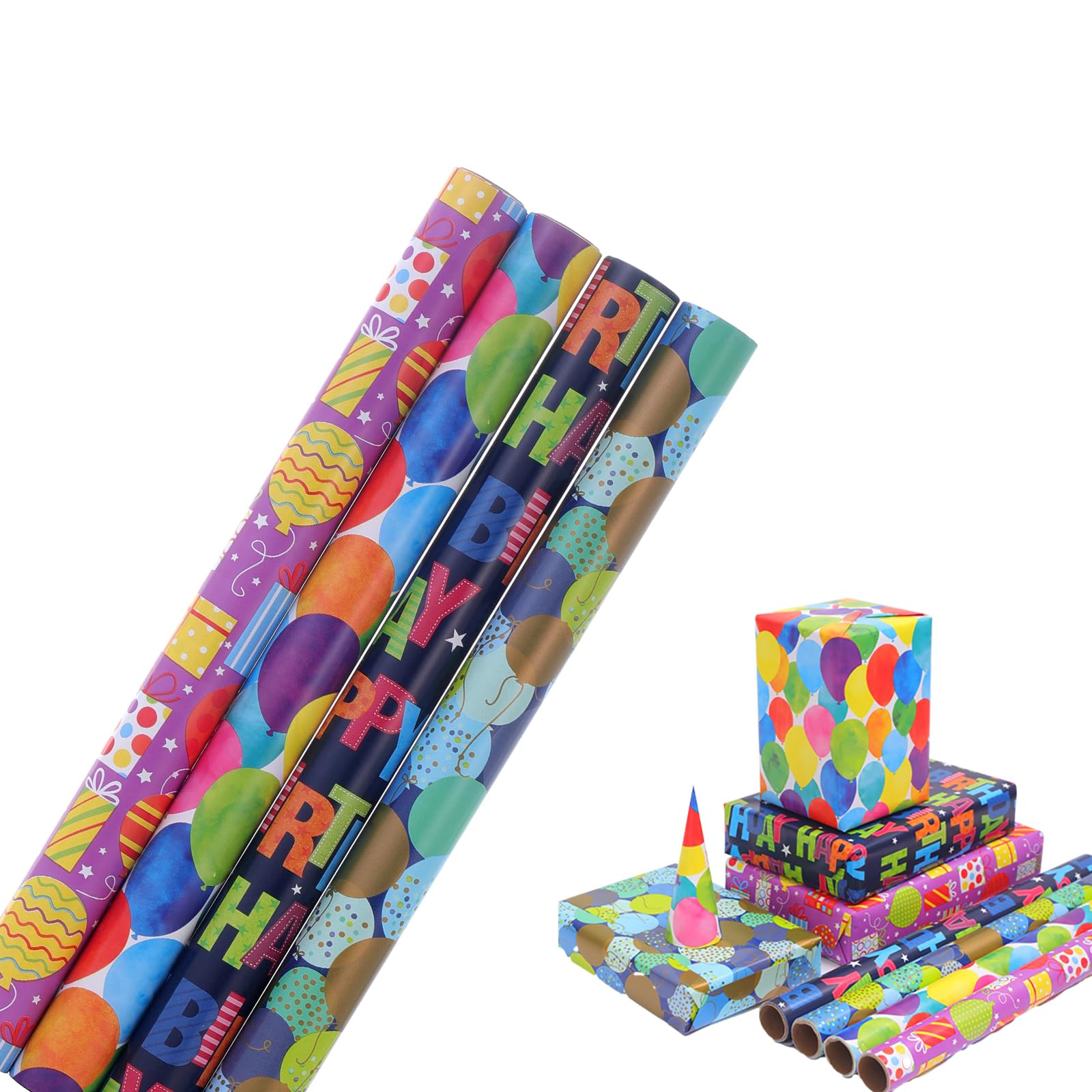 HBell Birthday Wrapping Paper Rolls,4 Rolls Happy Birthday Wrapping ...