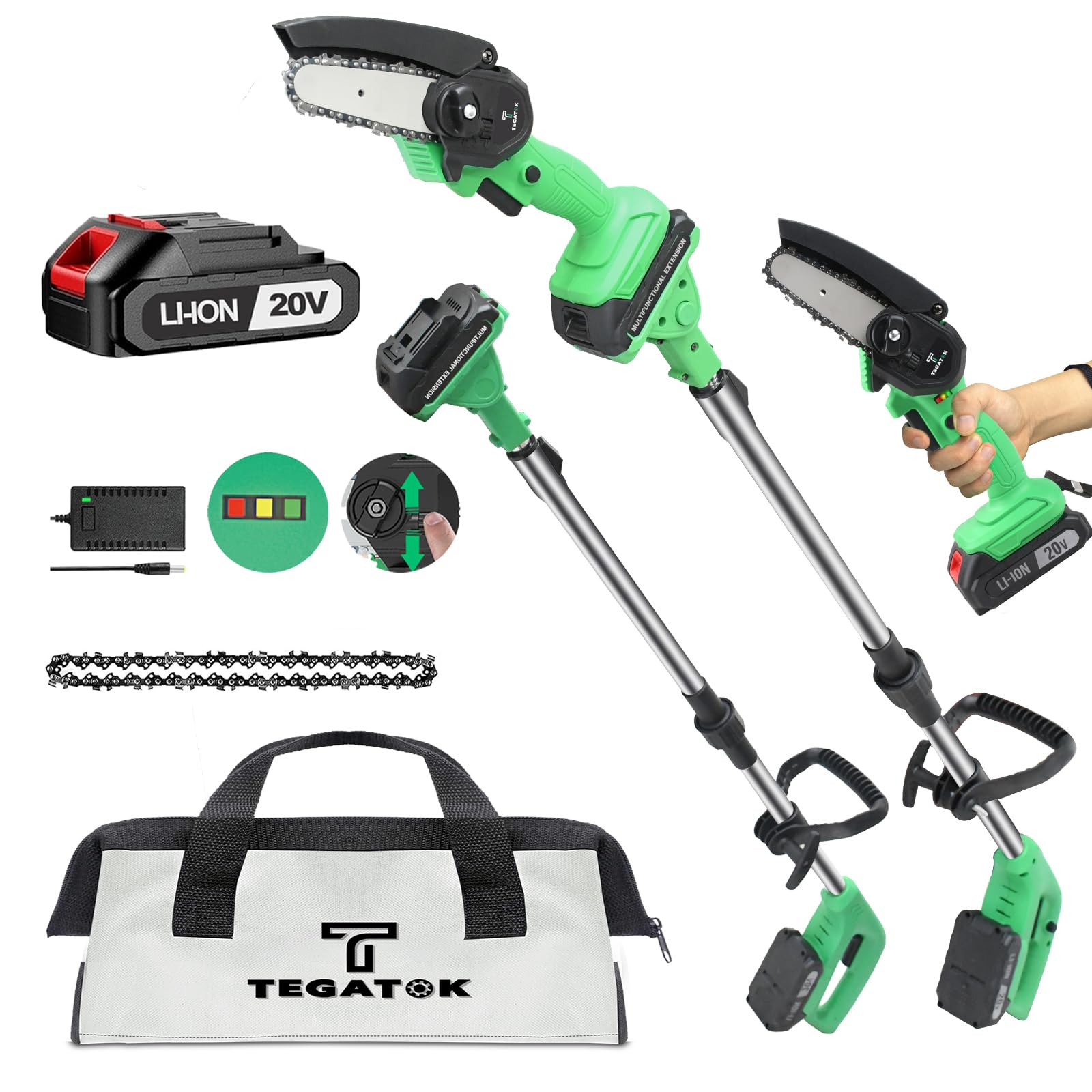 Amazon.com: Tegatok 2-in-1 Cordless Pole Saw & Mini Chainsaw with 1 ...