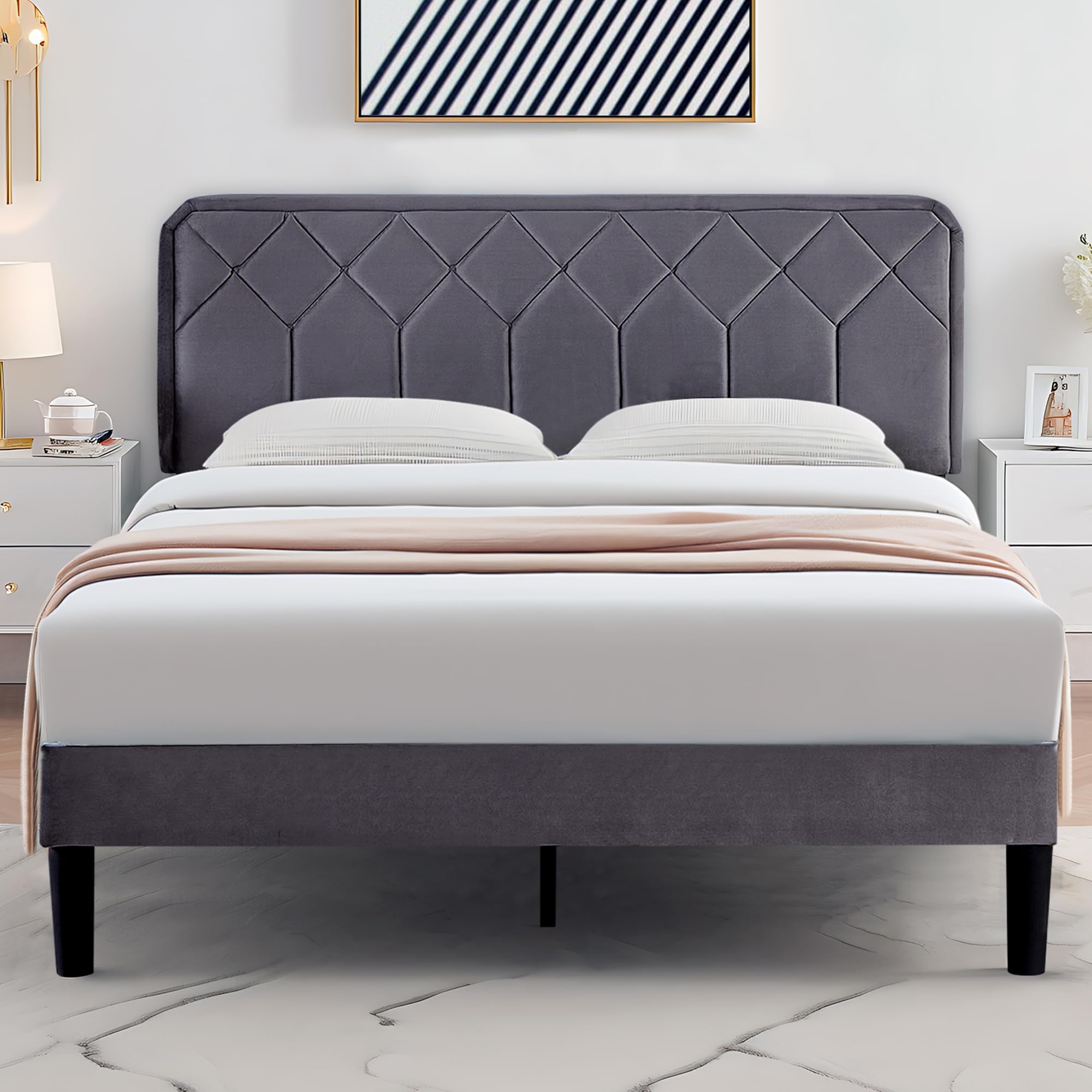 Amazon.com: VECELO Queen Size Bed Frame, Velvet Upholstered Platform ...