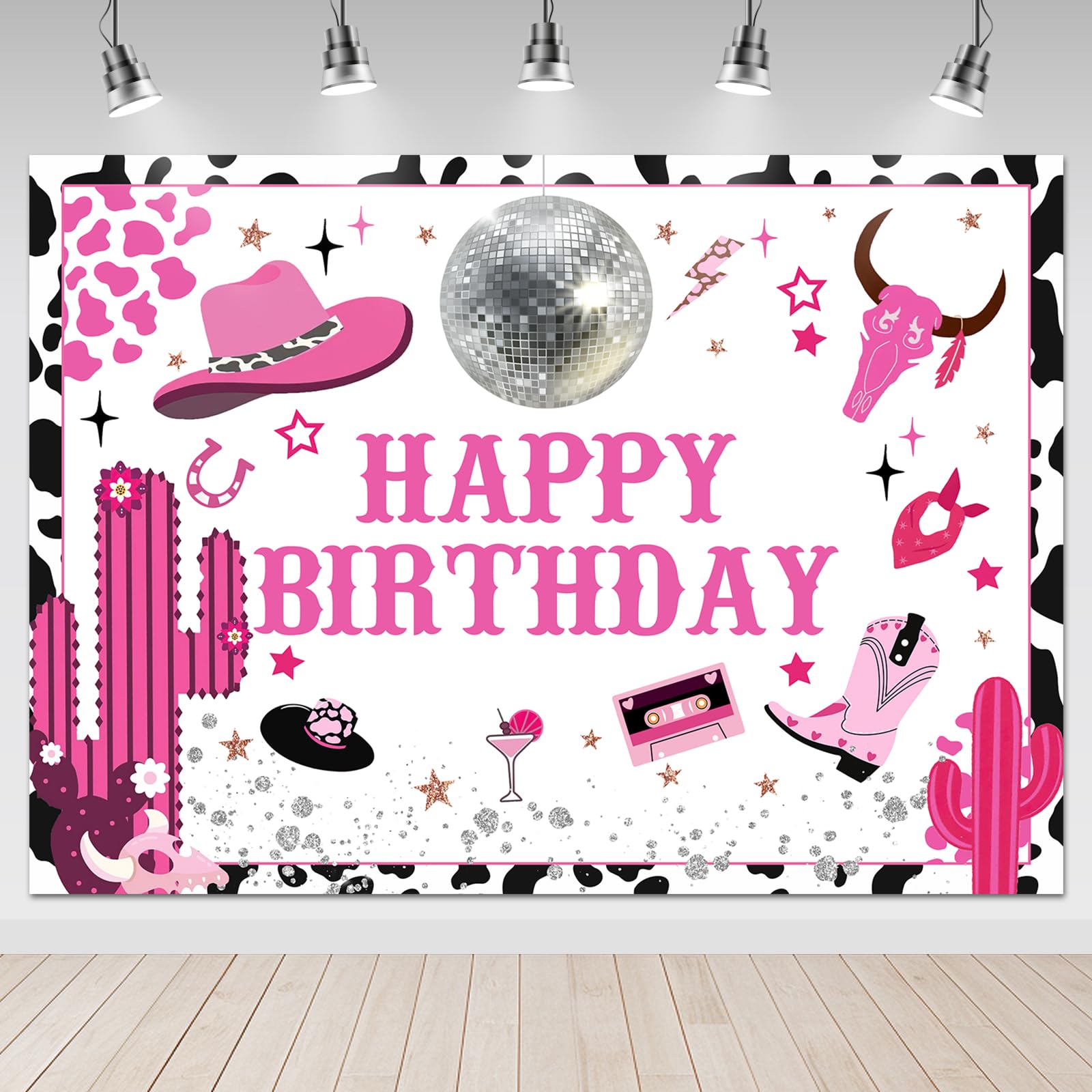 Amazon.com : Avezano Disco Cowgirl Happy Birthday Backdrop Hot Pink Cow ...