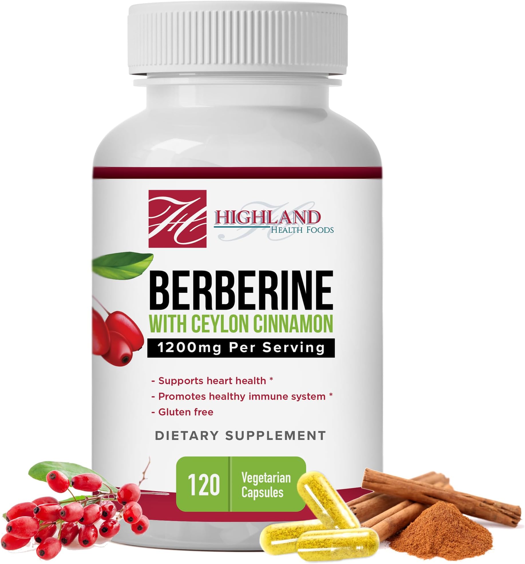 Amazon.com: Highland Health Foods Berberine 1200mg with Ceylon Cinnamon - Berberine HCL and True ...