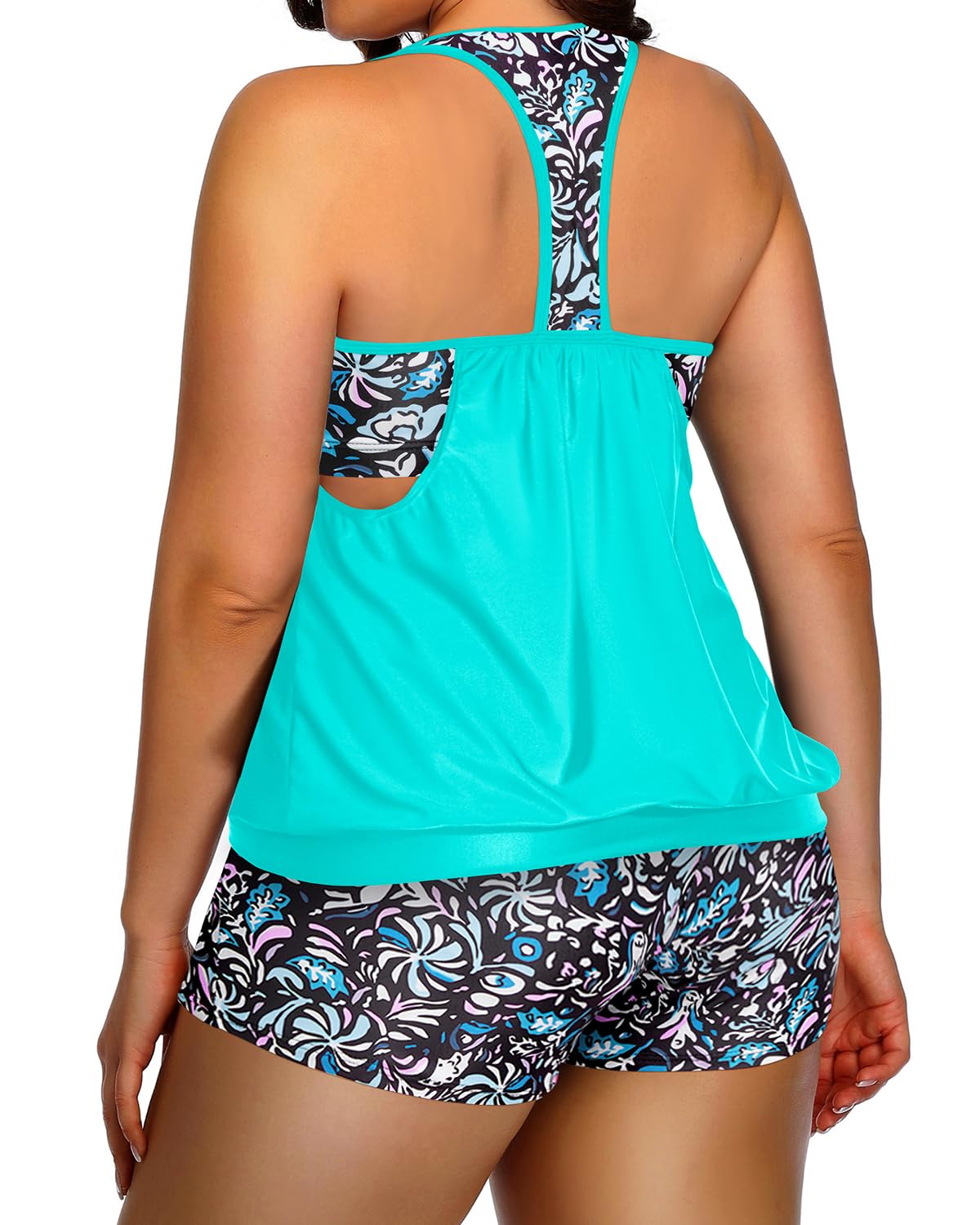 Snapklik.com : Holipick Aqua Floral Plus Size Tankini Swimsuit For ...