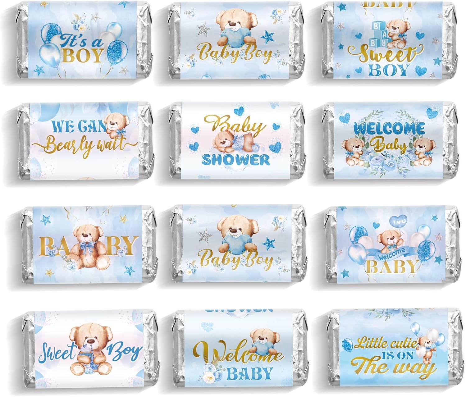 Amazon.com: Clabby 90 Pcs Blue Bear Baby Shower Candy Wrappers,Mini ...