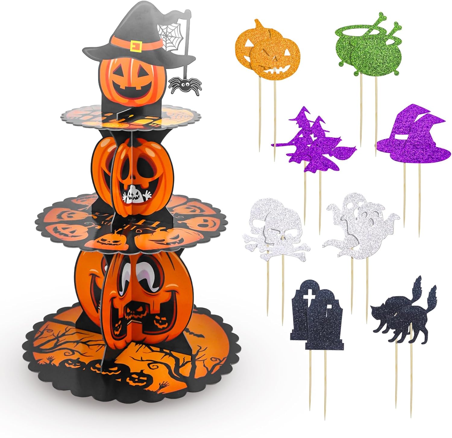 Amazon.com: Ruksifg Halloween Cupcake Stand +16 Pcs Cupcake Toppers Set ...
