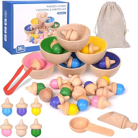 Amazon.com: Wooden Acorns Counting & Sorting Kit - Unfinished Wood Set ...