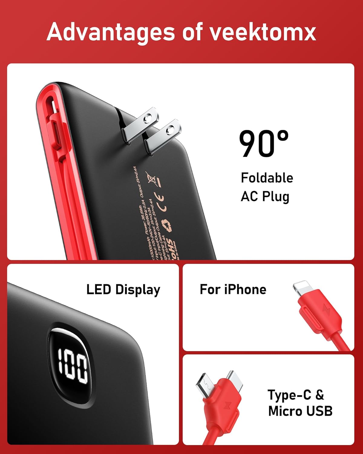 VEEKTOMX Power Bank for iPhone, USB C Fast Power Bank with Built in ...