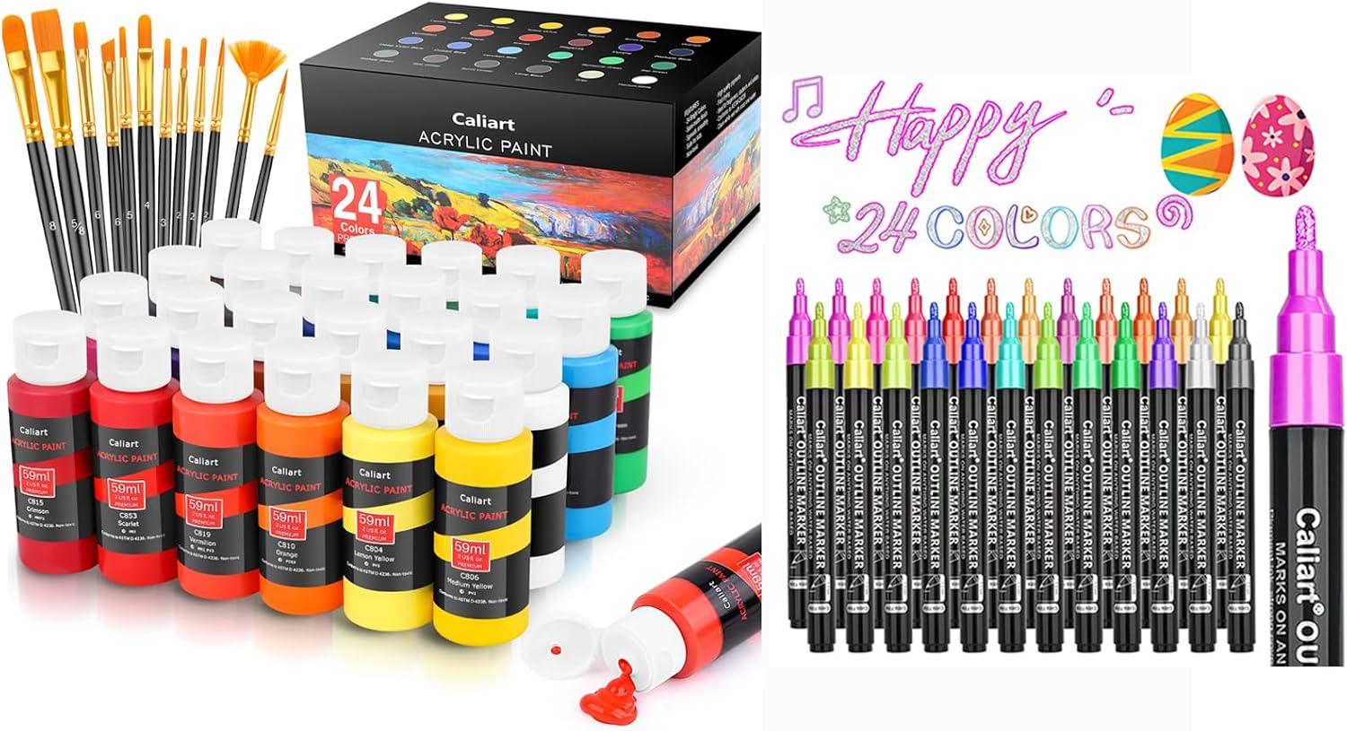 Amazon.com: Caliart 24 Colors Acrylic Paint Set With 12 Brushes, 24 ...