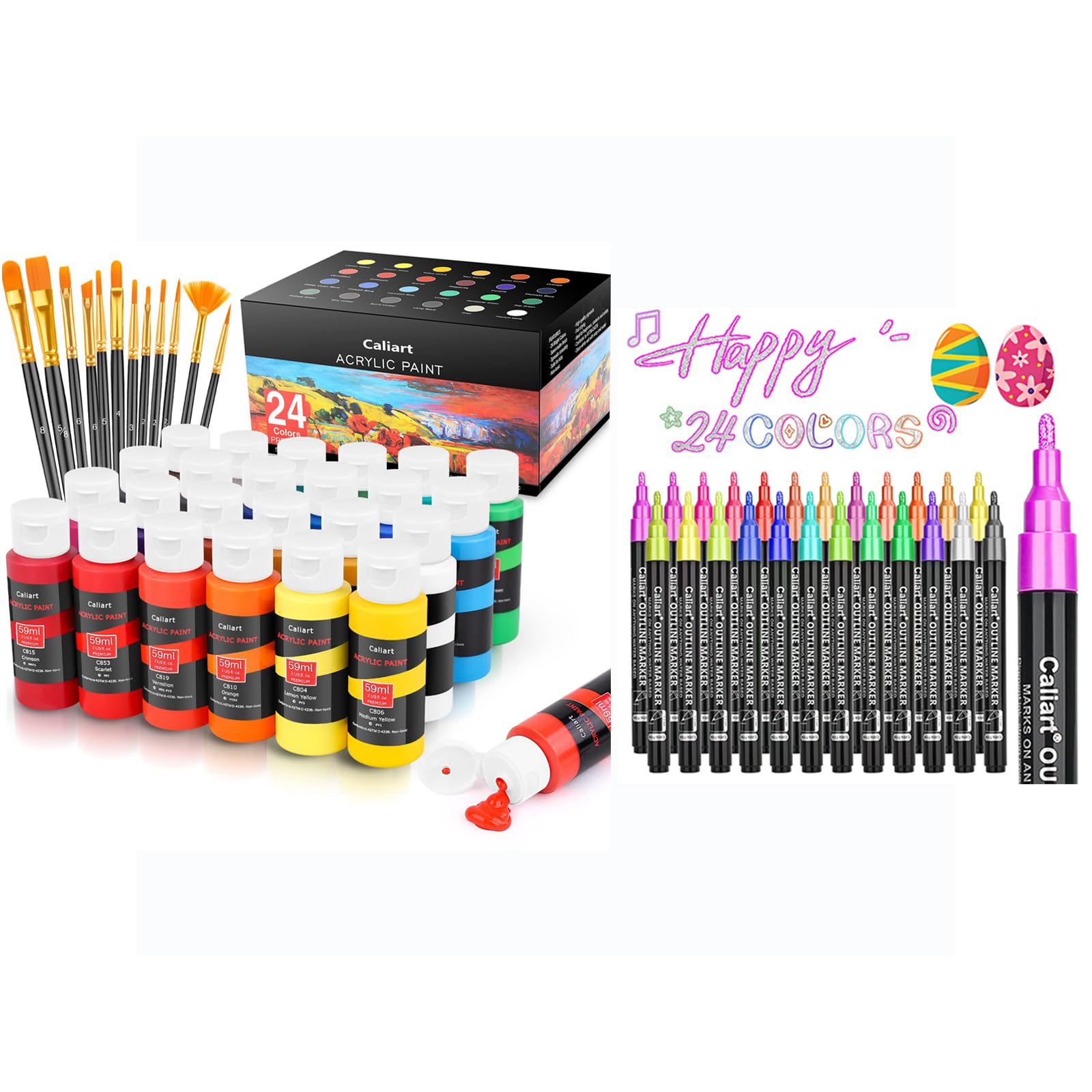 Amazon.com: Caliart 24 Colors Acrylic Paint Set With 12 Brushes, 24 ...