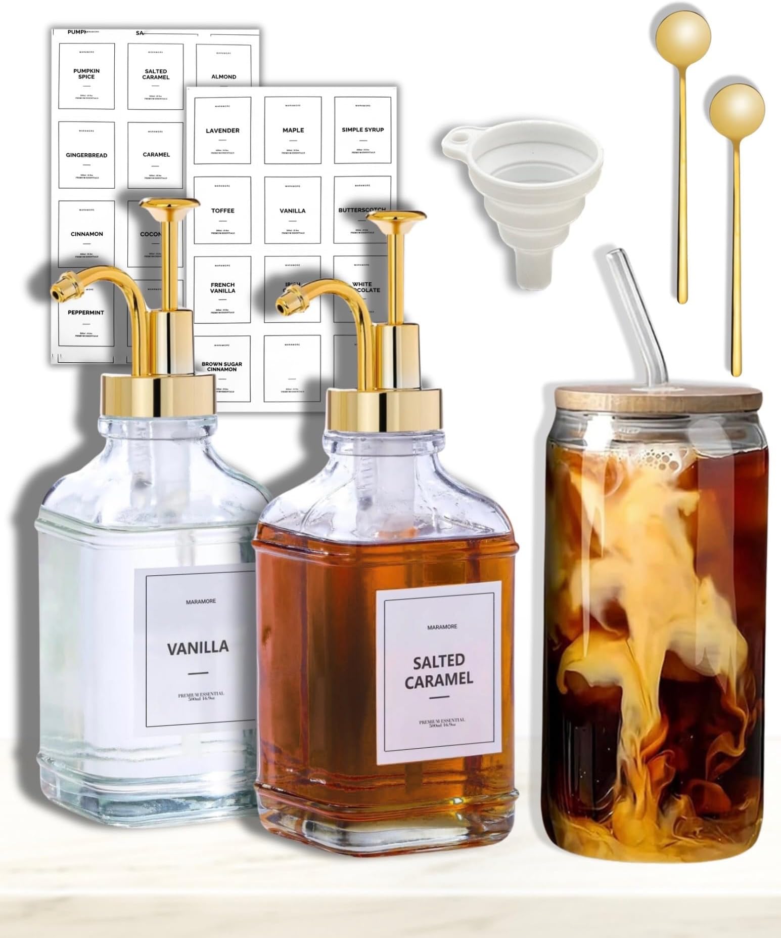 Amazon.com - Maramore Coffee Syrup Dispenser Set, Glass Bottles 500ml w ...