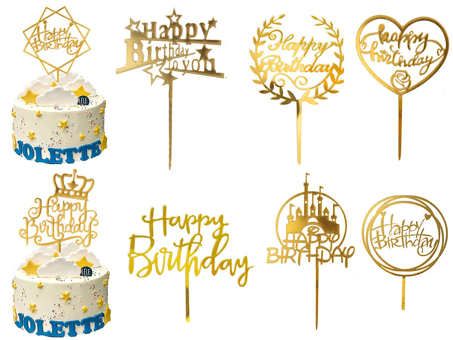 Snapklik.com : 8PCS Gold Birthday Cake Topper,Acrylic Round Happy ...