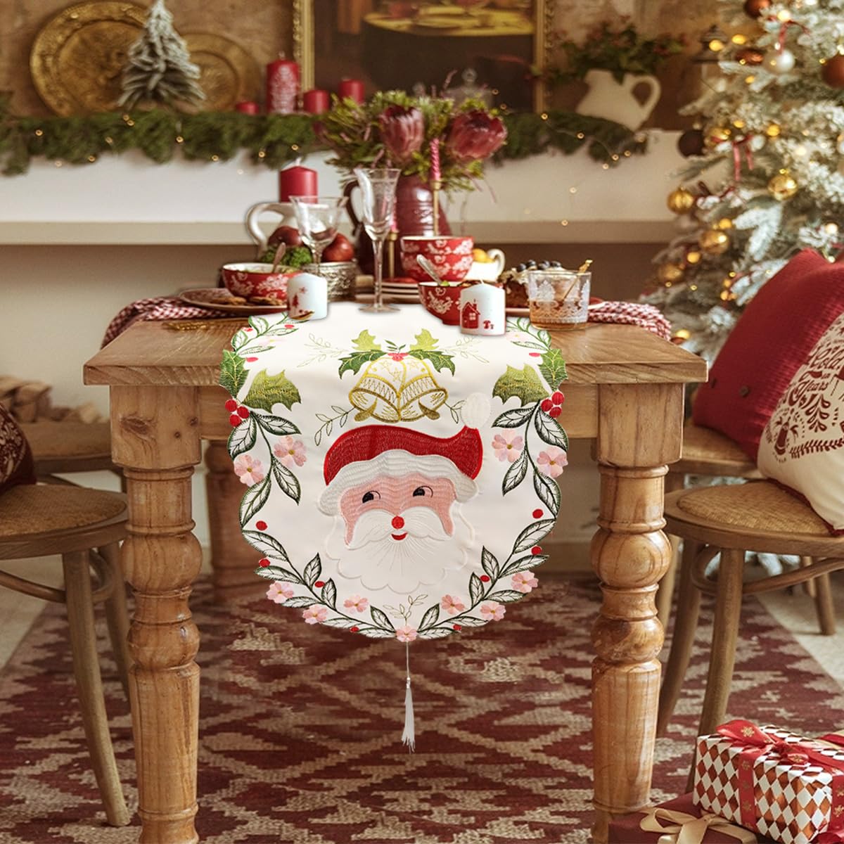 Amazon.com: AMZALI Holiday Christmas Table Runner, Embroidered Santa ...