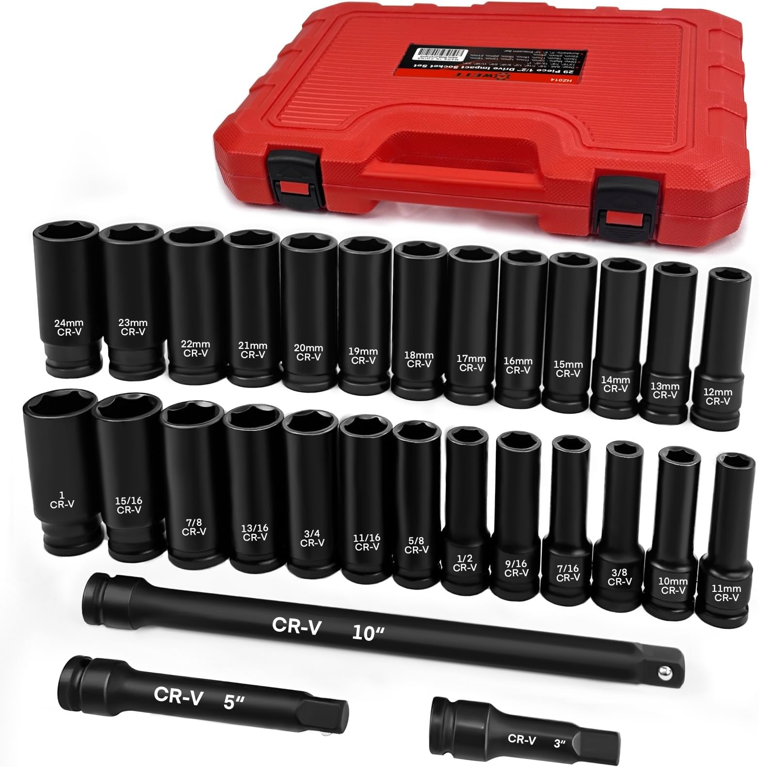 WETT 1/2" Drive Impact Socket Set, 29 Piece Deep Socket with Extension ...