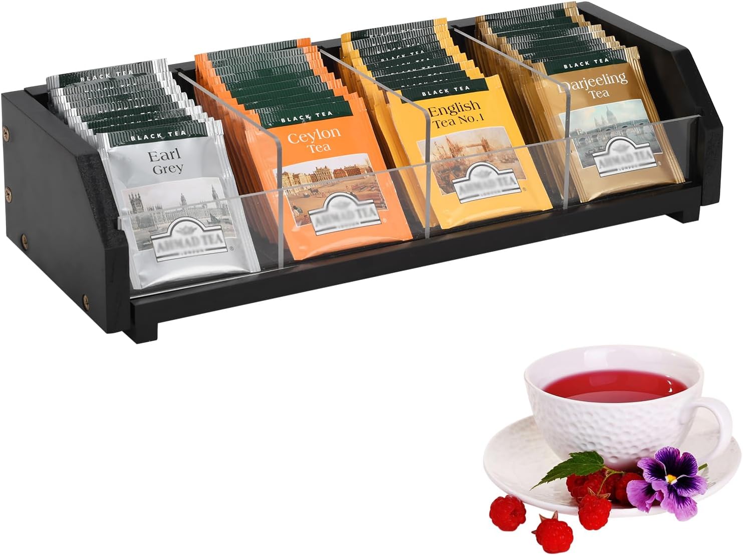 Amazon.com: Tea Bag Organizer 4-Compartment Wood & Acrylic Storage Box ...