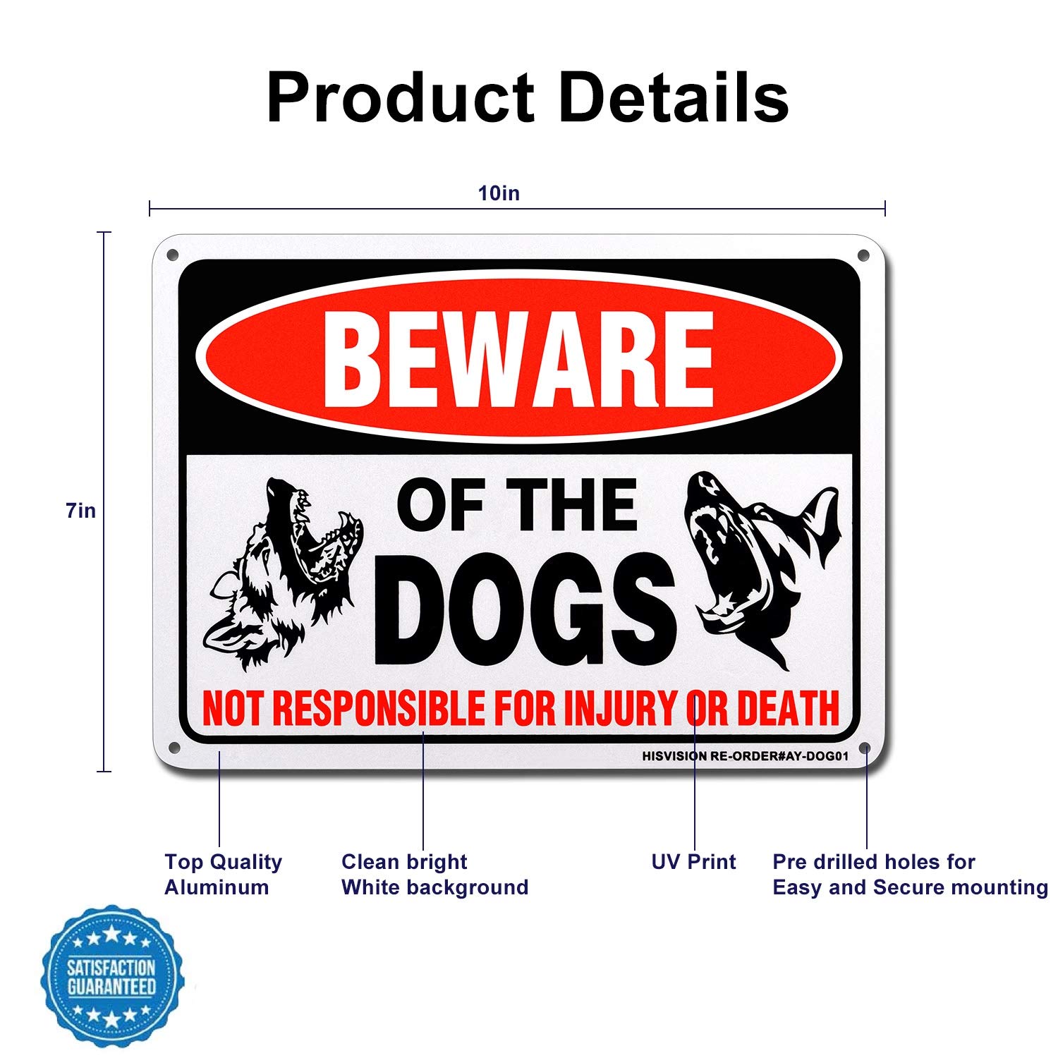 HISVISION Beware of Dog Sign, 2 Pack 10"x 7" Rust Free .40 Aluminum, UV ...
