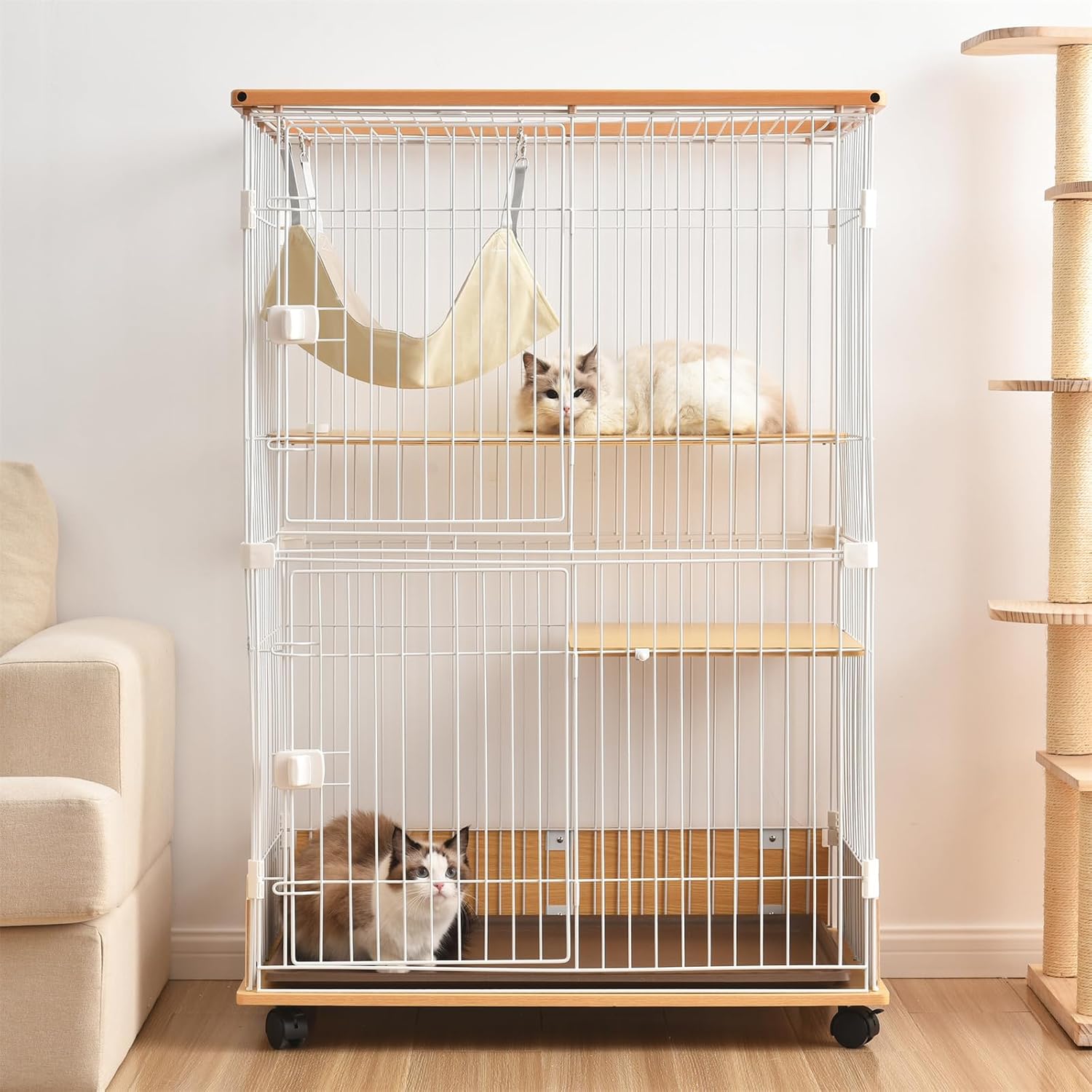 Amazon.co.jp: 猫 ケージ キャットケージ 2段 コンパクト 猫ゲージ ハンモック キャスター付き 移動便利 1段2段可能 掃除簡単 脱走防止 幅86×奥行54×高さ130 多頭 ...