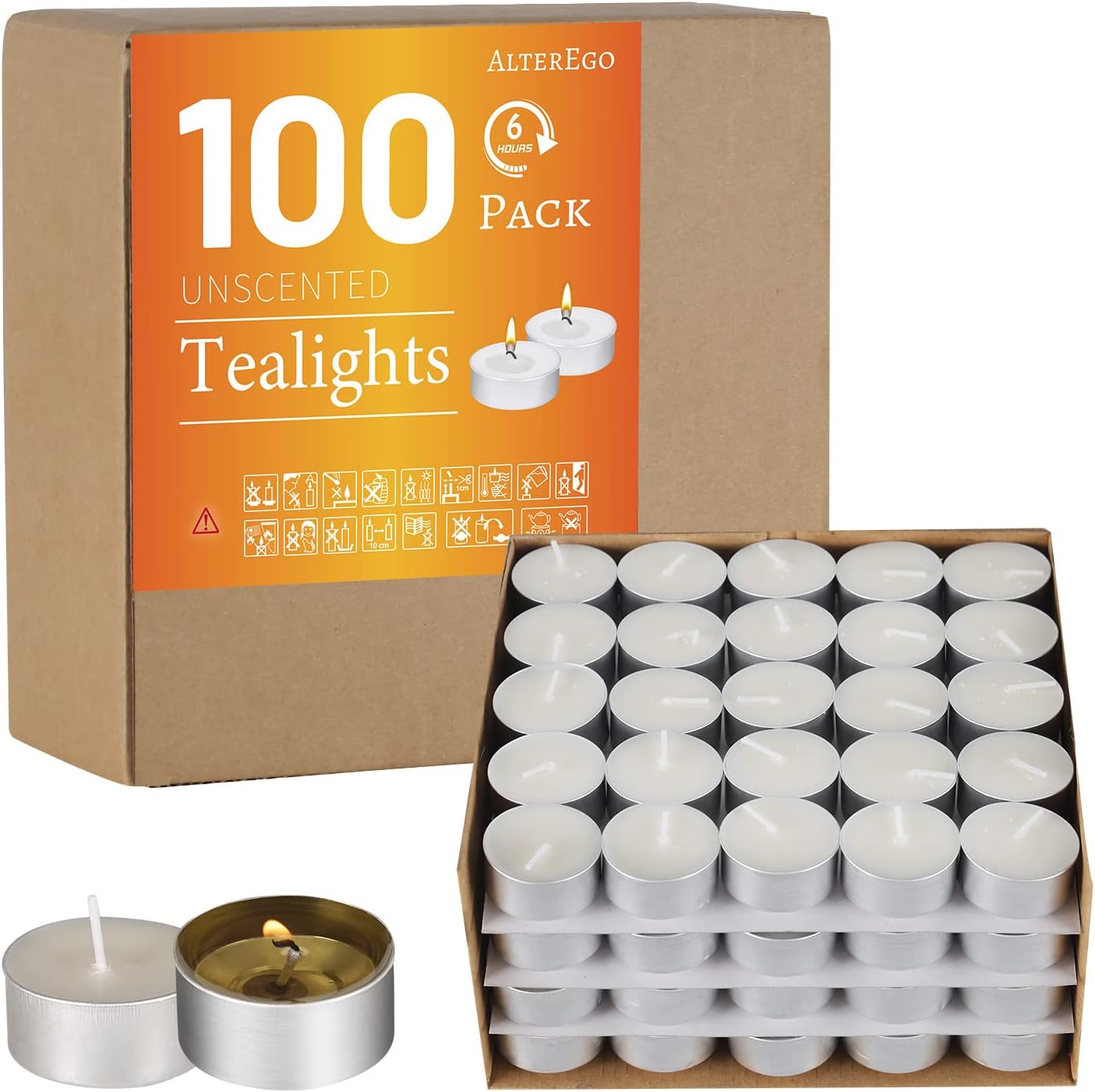 AlterEgo Unscented Tea Lights - 100 Pack Tealight Candles - 6+ Hour ...