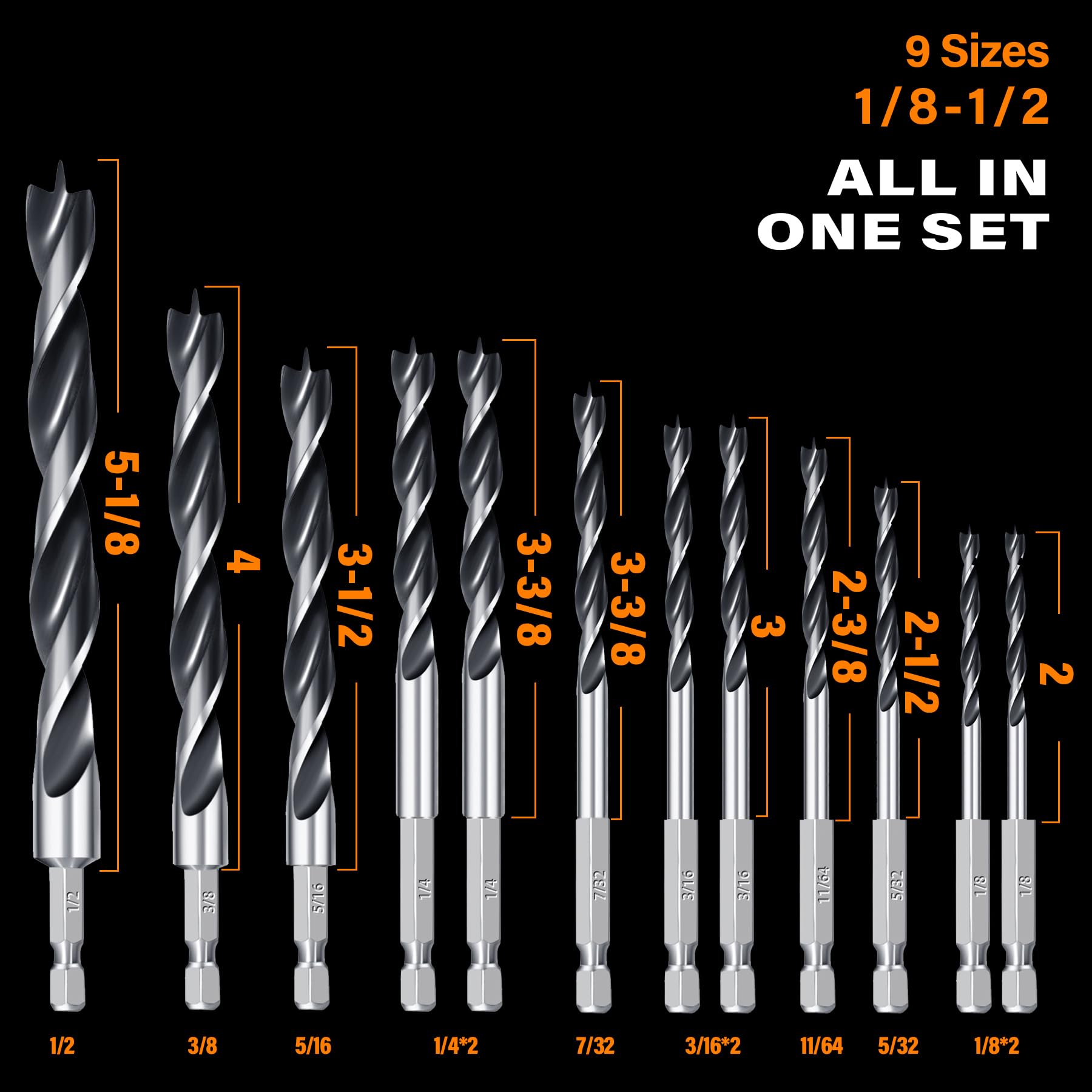 Snapklik.com : Brad Point Drill Bit Set 12Pcs (1/8" - 1/2") Hex Drill ...