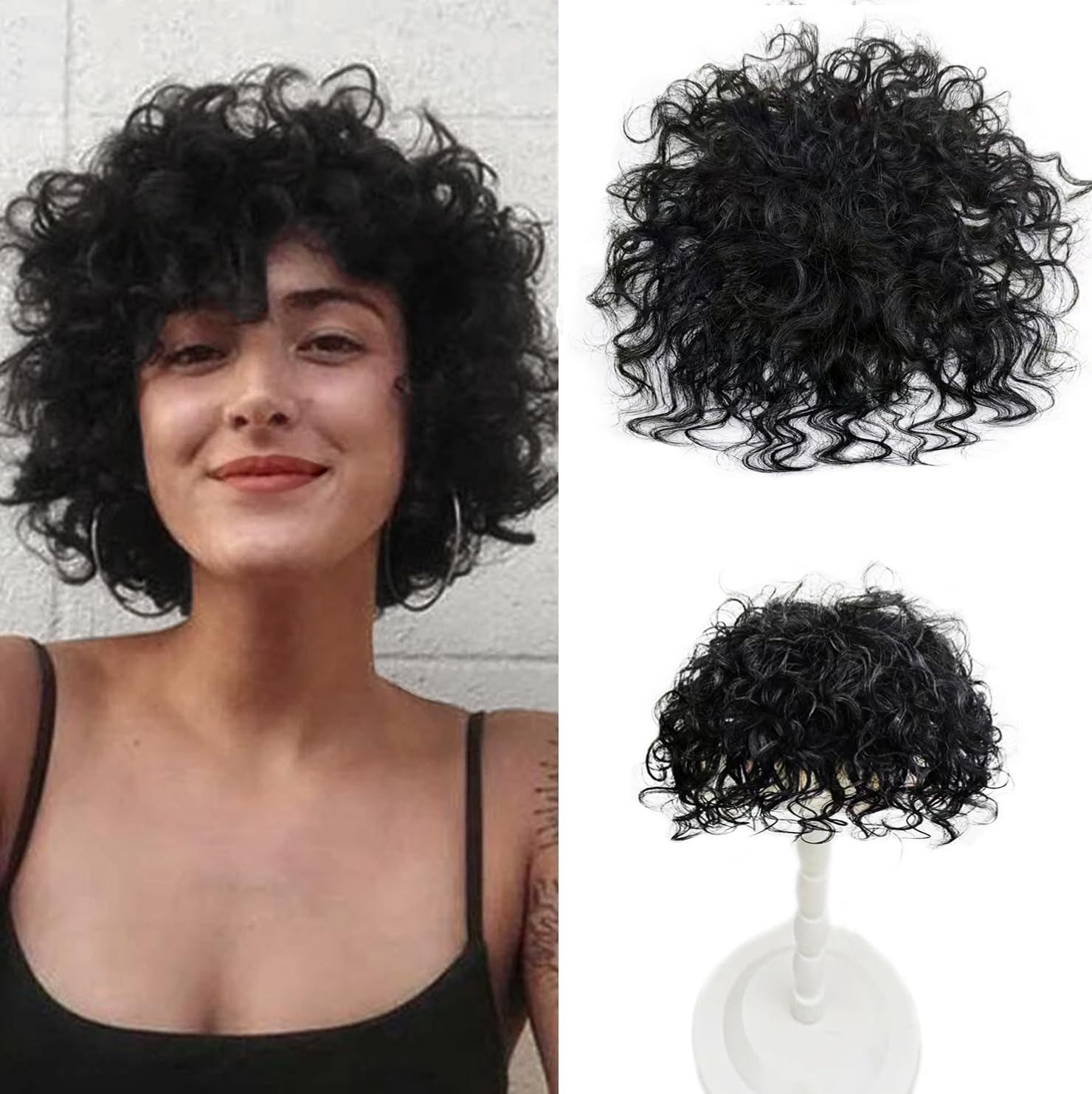Amazon.com : ICRAB Breathable Elastic Curly Wave Hair Topper Real Human ...