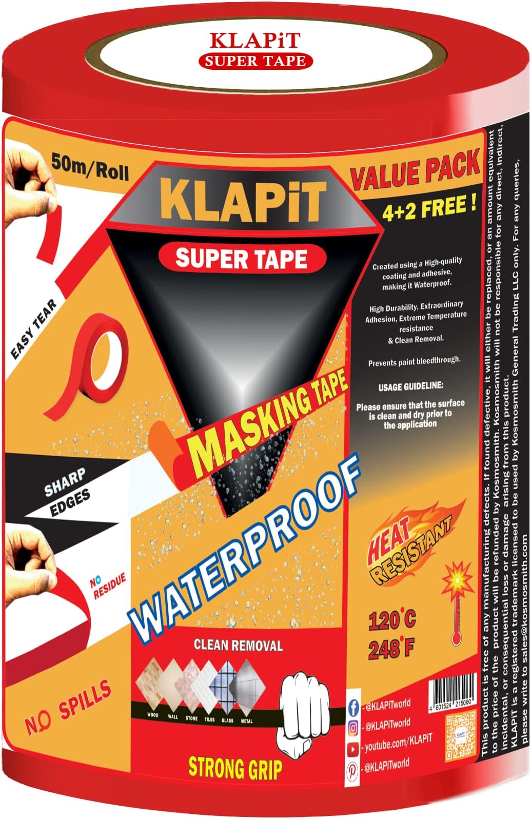 KLAPiT Waterproof Masking Tape 24mm Inch X 50m, Multi-Surface Premium ...