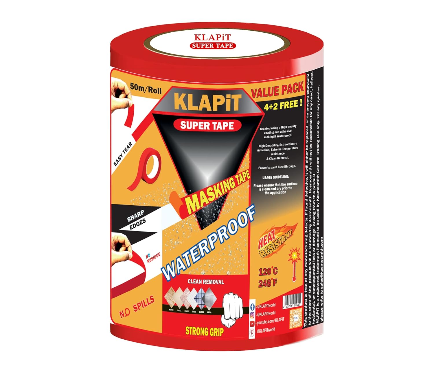 KLAPiT Waterproof Masking Tape 24mm Inch X 50m, Multi-Surface Premium ...