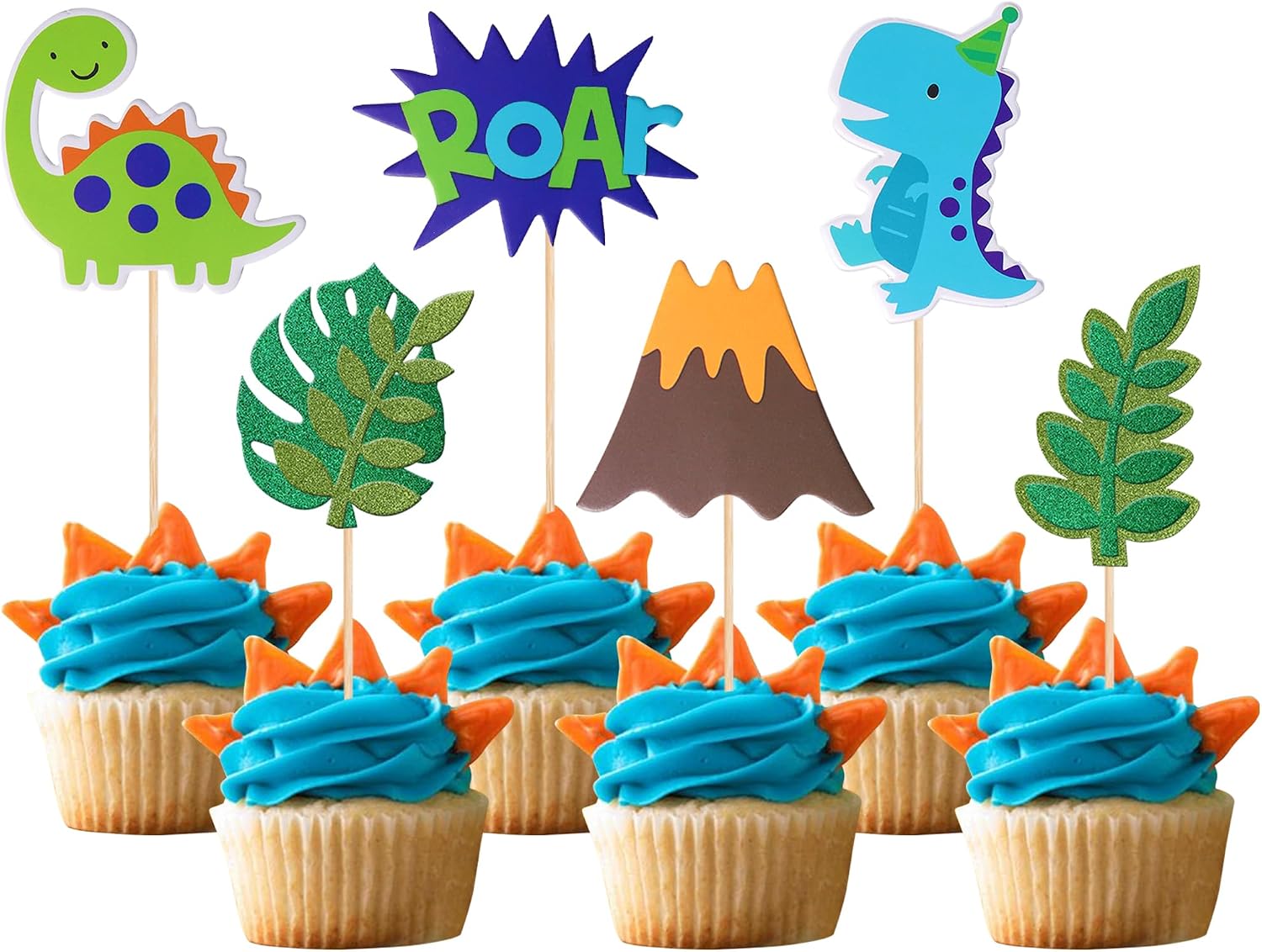 Amazon.com: Rsstarxi 24 Pack Dinosaur Cupcake Toppers Glitter Tropical ...